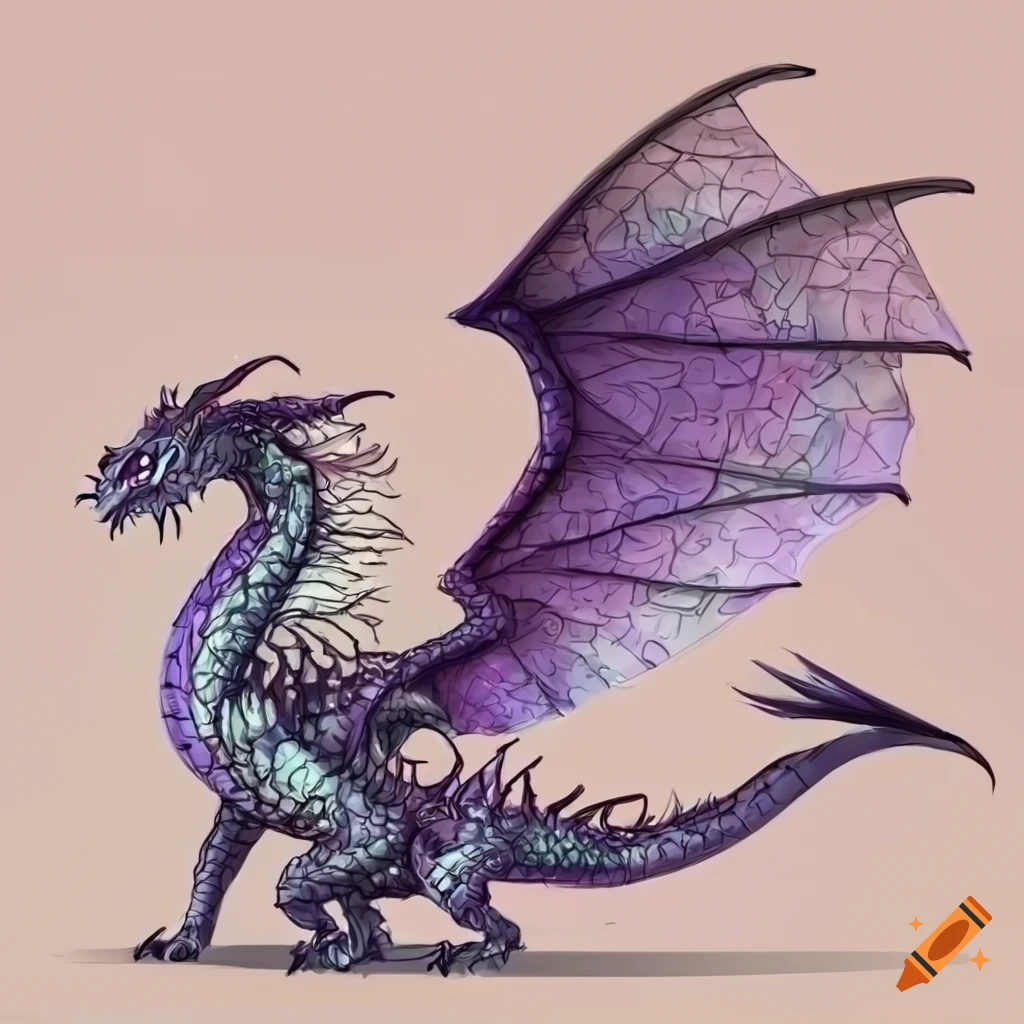 Detailed side view illustration of a dragon with wings and four legs on ...