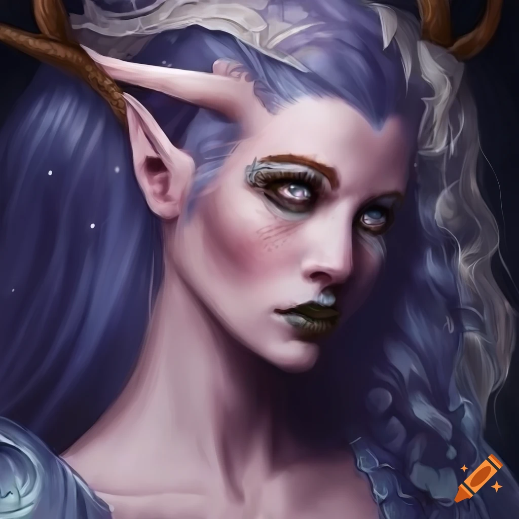 Illustration of an aged astral elf in a moon-inspired gown on Craiyon