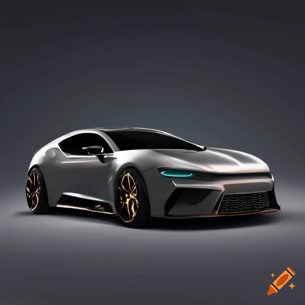 Futuristic black car with grey details and gold tires on Craiyon