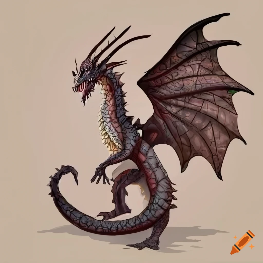 Detailed side view illustration of a dragon with wings and four legs on ...