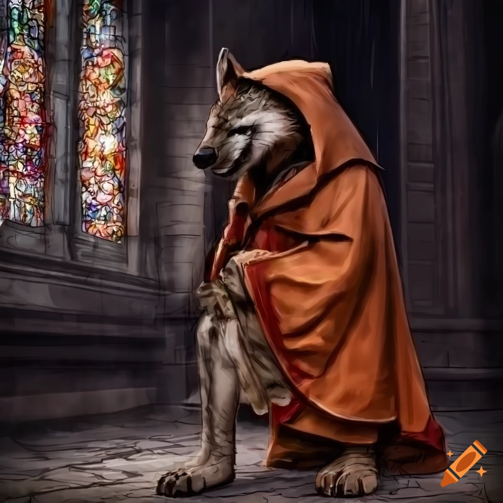 Anthro wolf in monk robes on a rainy night on Craiyon