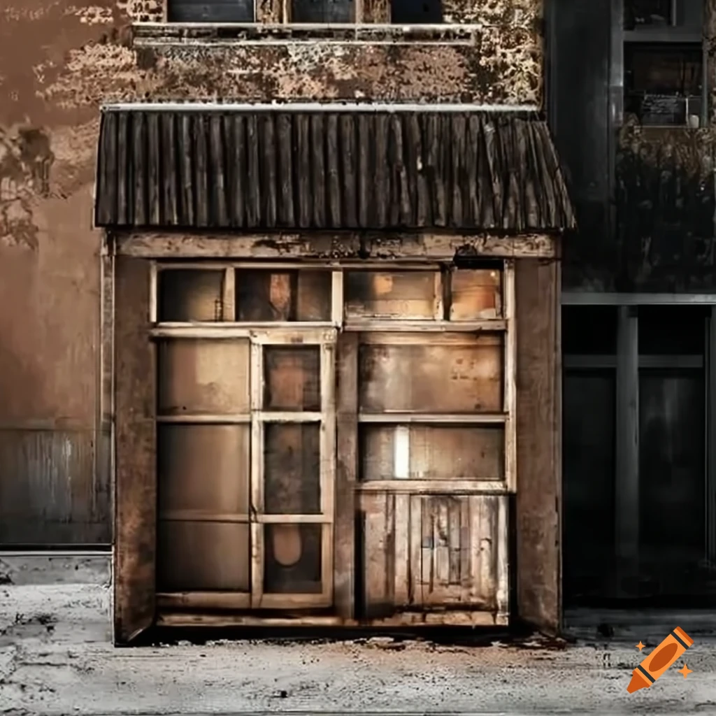 Realistic 2D depiction of a weathered urban storefront facade on Craiyon