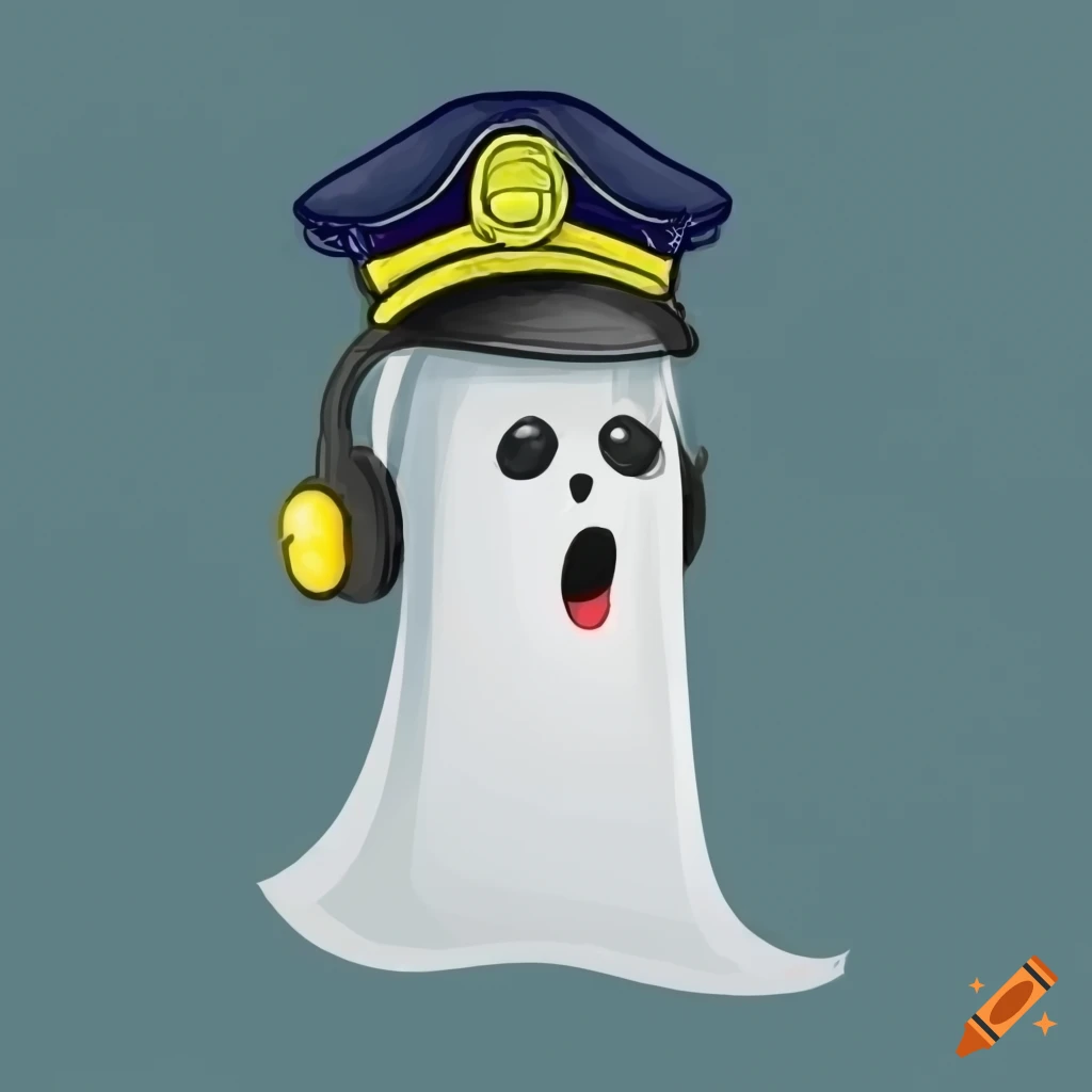 Drawing of a cute ghost with police hat and headset on Craiyon