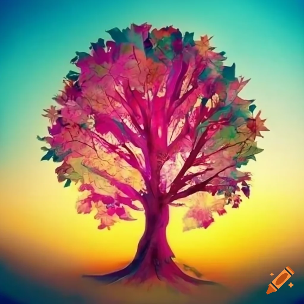 Illustration of colorful imaginary tree with floating leaves on Craiyon
