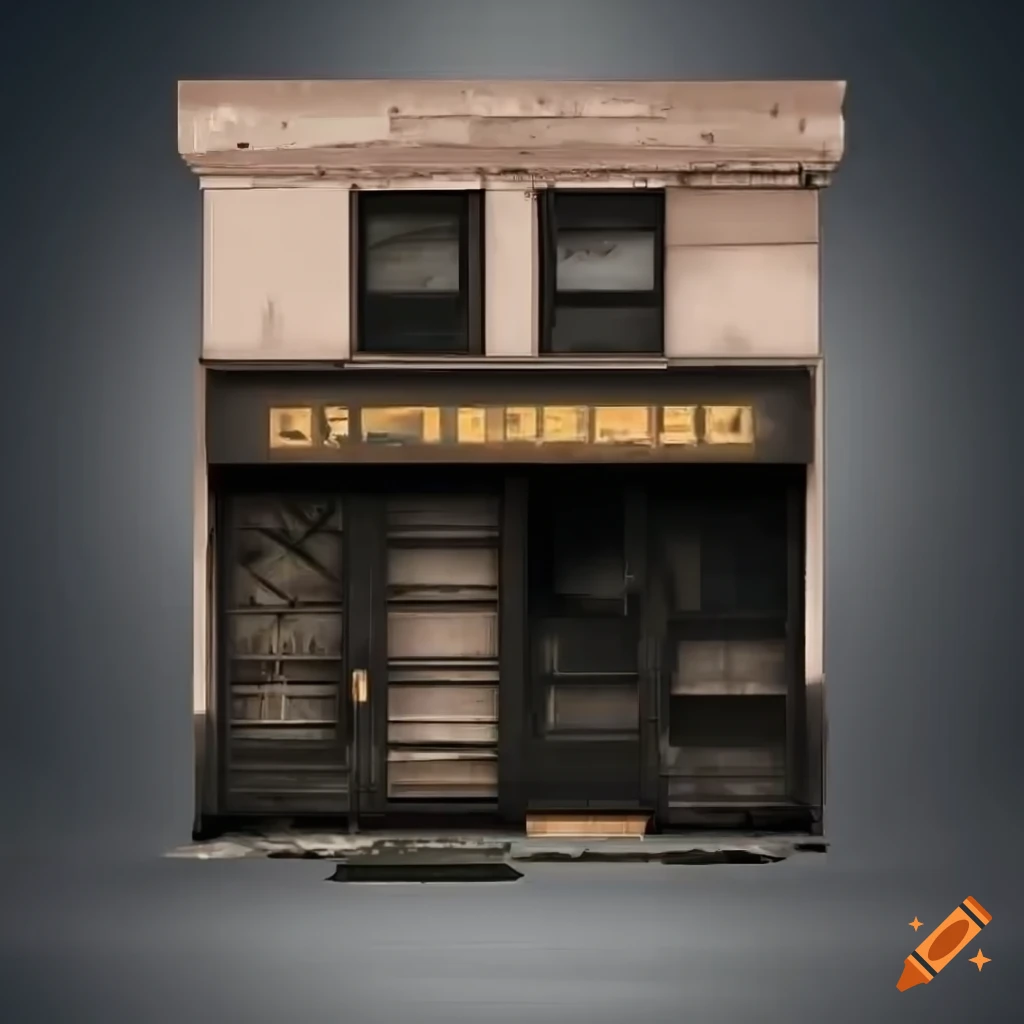 Detailed 2D facade of a weathered storefront on Craiyon