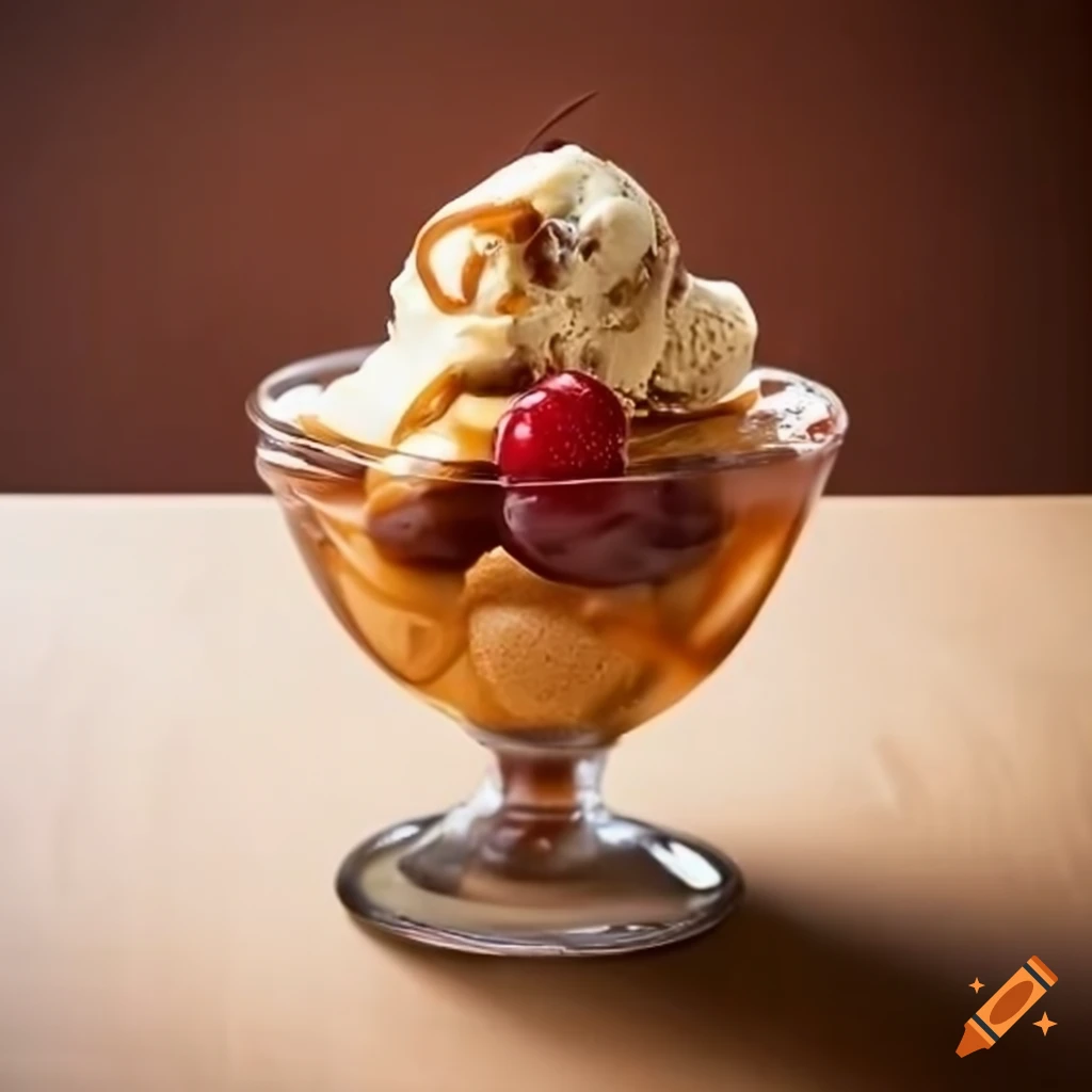 Delicious vanilla ice cream sundae with bourbon and caramel on Craiyon