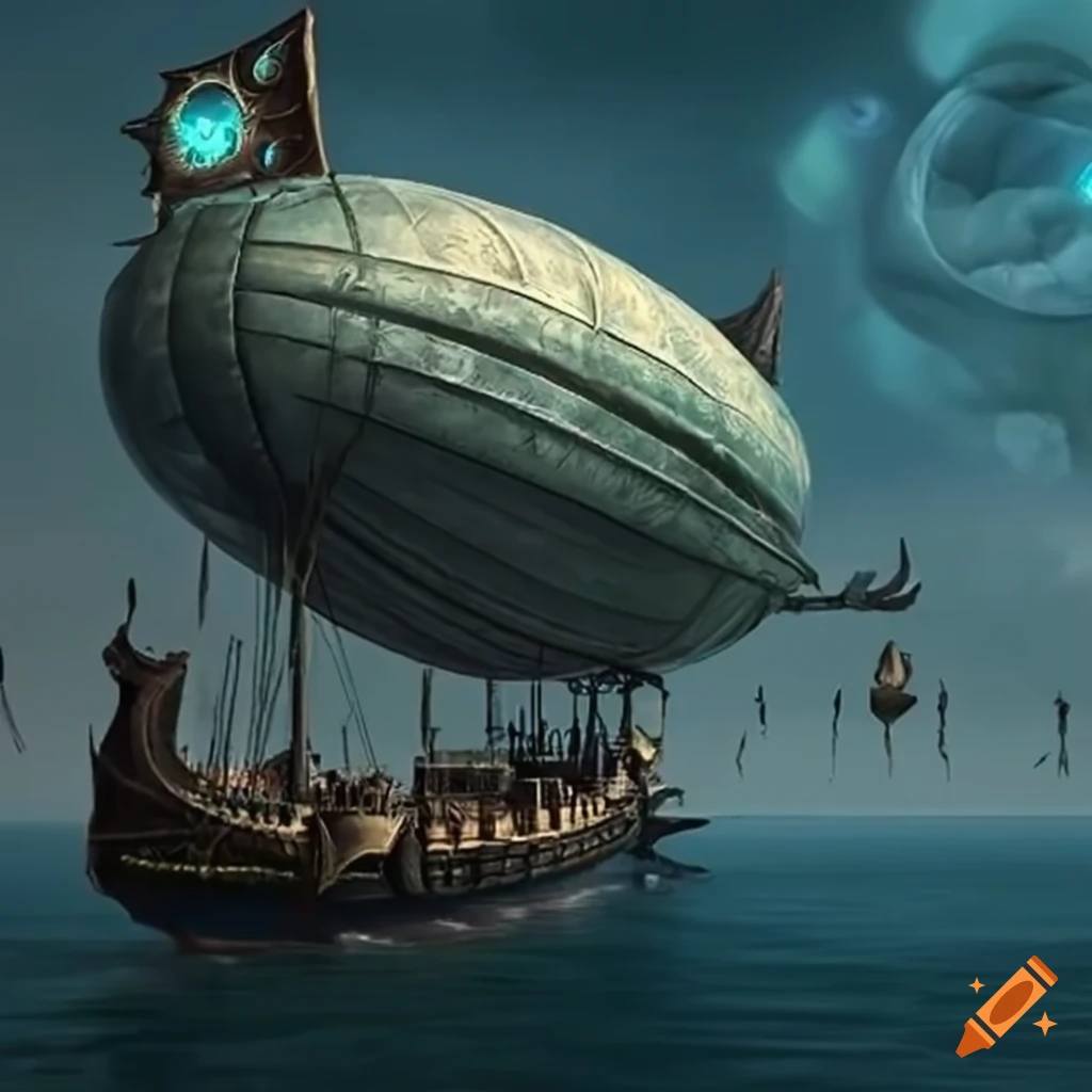 Illustration of an enchanted armored airship on Craiyon