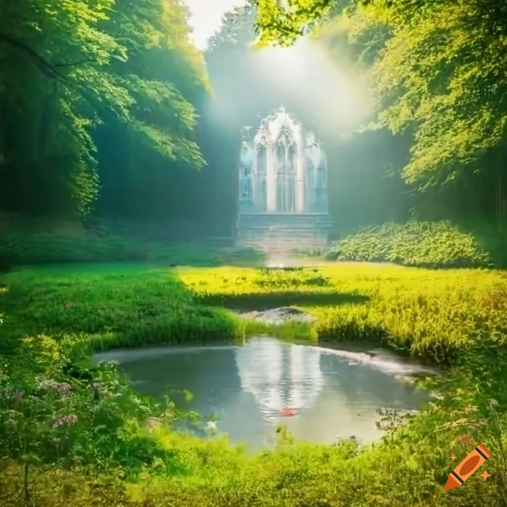 Gothic park with silver altar and sunbeams on Craiyon