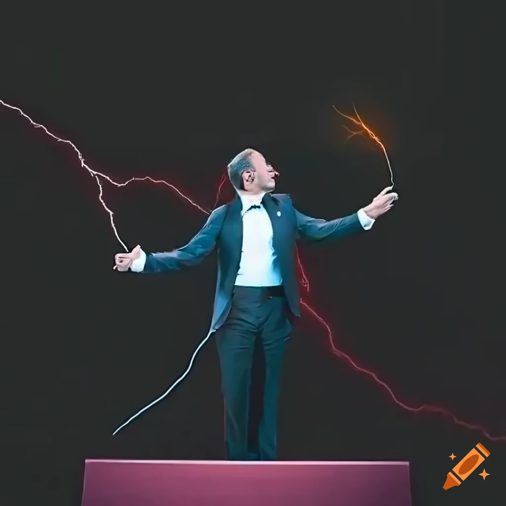 Photograph of orchestra conductor with lightning magic wand on Craiyon