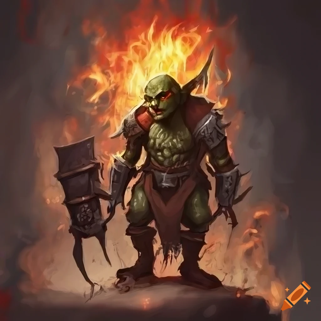 Illustration of a menacing goblin barbarian in hide armor on Craiyon