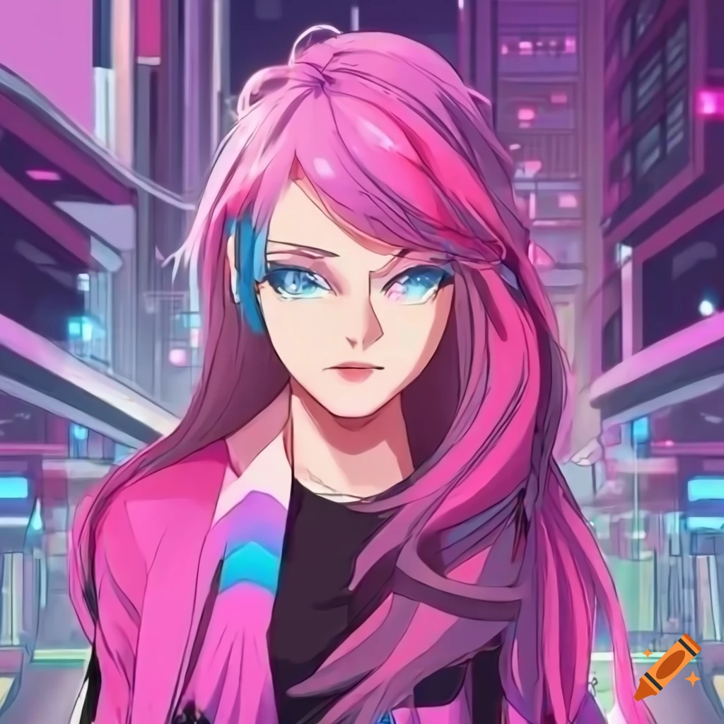 Fuchsia-haired anime character in cyberpunk city on Craiyon