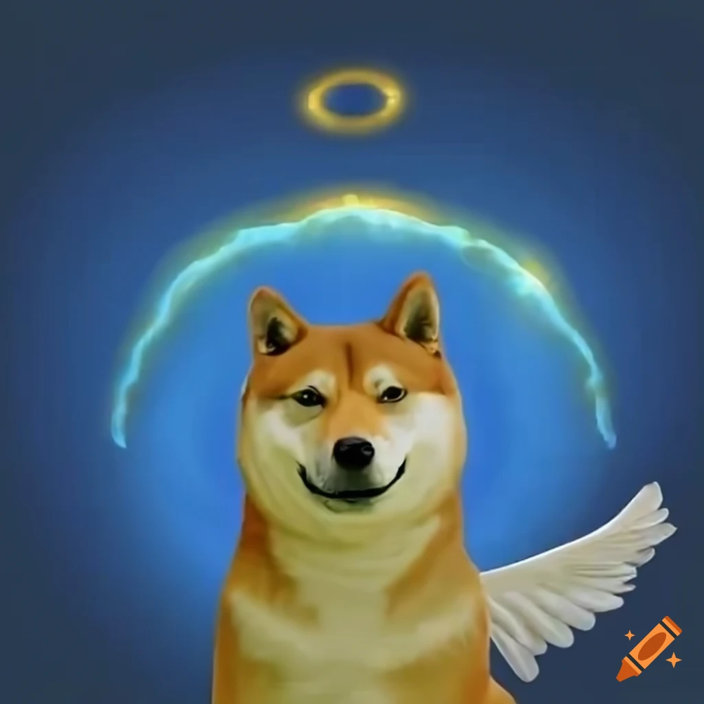 Cheems doge with angel wings and halo flying through clouds on Craiyon