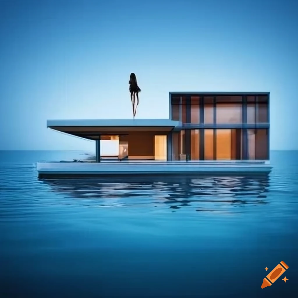 Render of a contemporary house on water on Craiyon