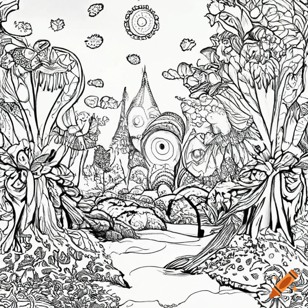 Intricate coloring page of a breathtaking scenery on Craiyon