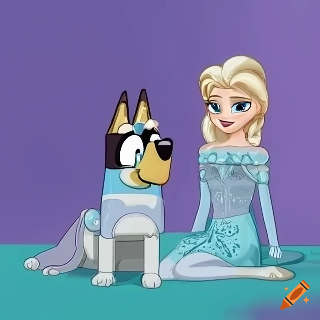 Cartoon Bluey and Elsa sitting together on Craiyon