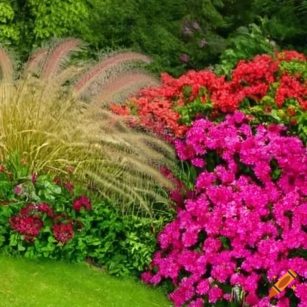 Colorful flower bed with cranberry bushes and azaleas on Craiyon