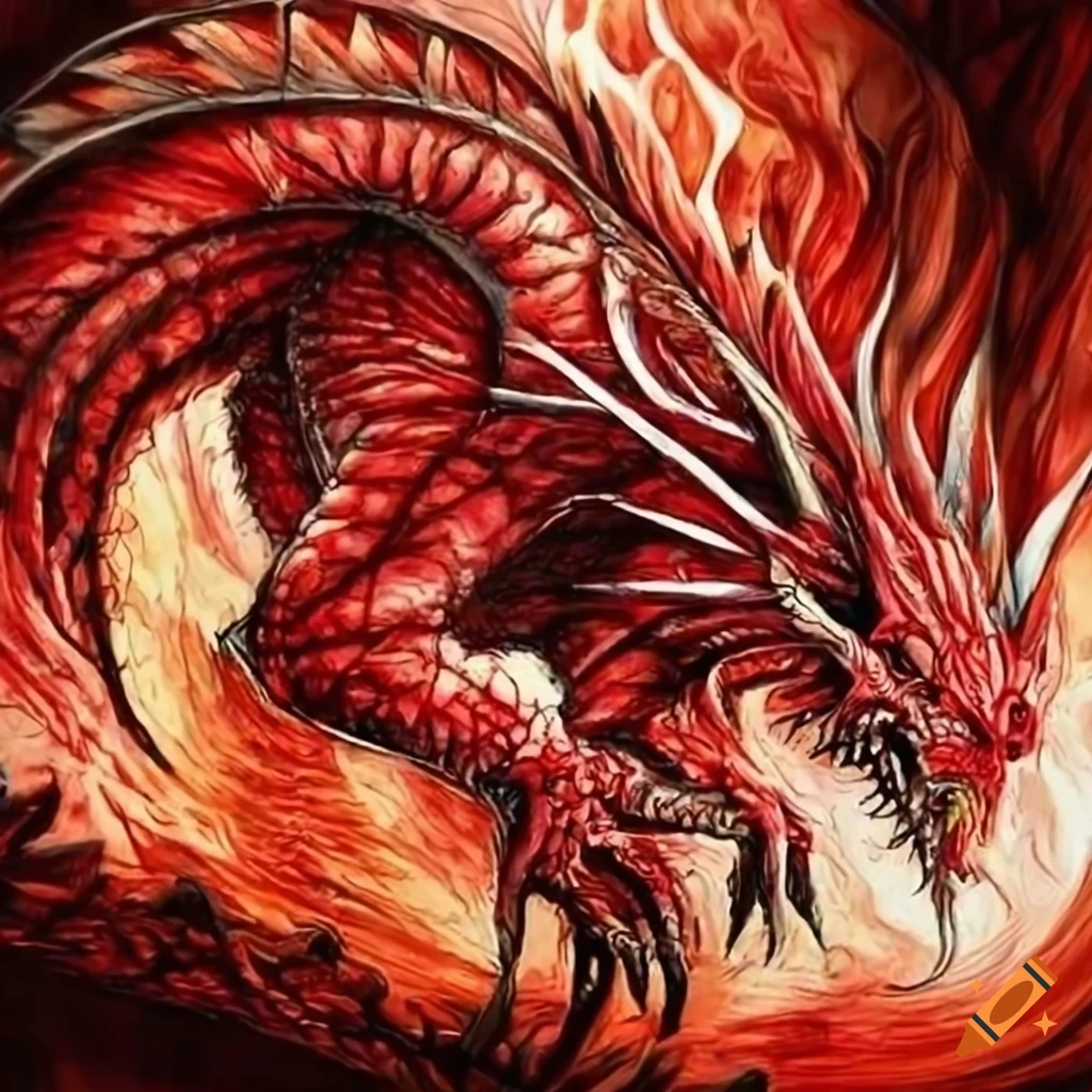 Illustration of a fiery red dragon on Craiyon