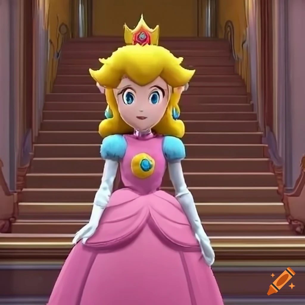 Princess peach in a beautiful ballgown and descending a grand staircase ...