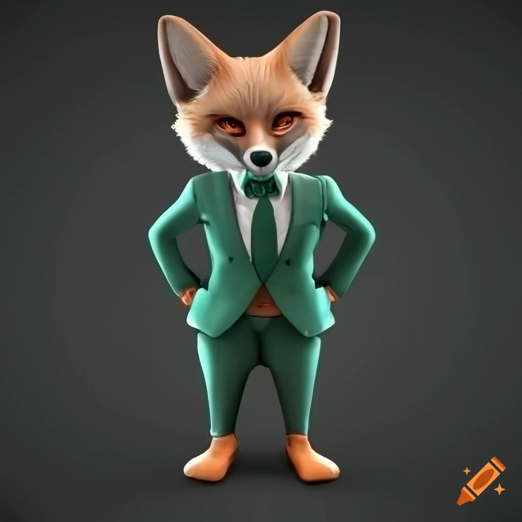 3D animation of a stylish fennec in a green suit on Craiyon