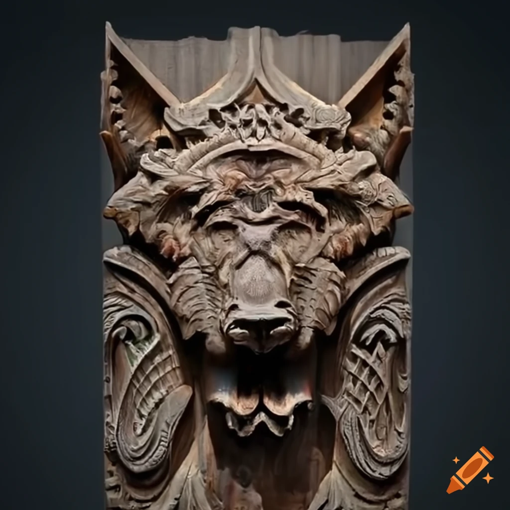 Detailed werewolf carving in architectural style on Craiyon