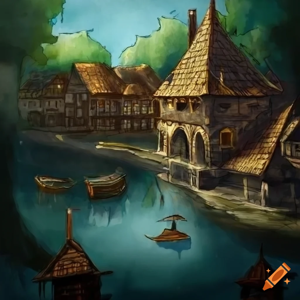 Colorless aquarelle of a medieval fantasy harbor in the forest on Craiyon