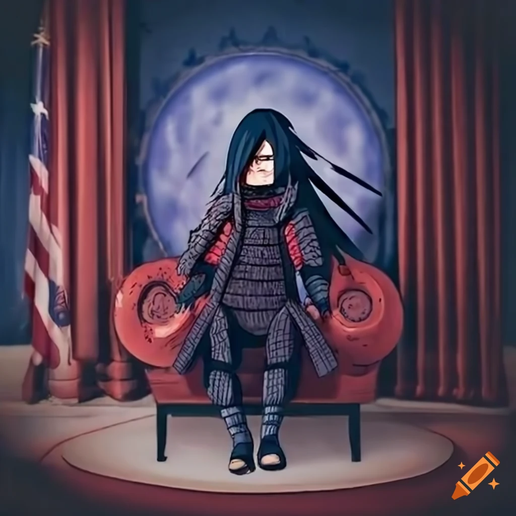 Madara Uchiha sitting in the Oval Office with an American flag on Craiyon
