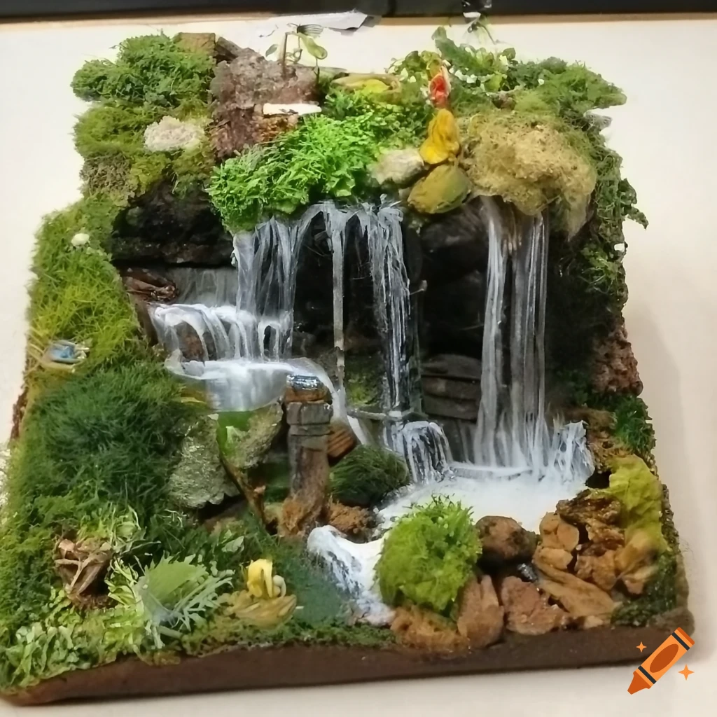 Miniature diorama of a small waterfall on Craiyon