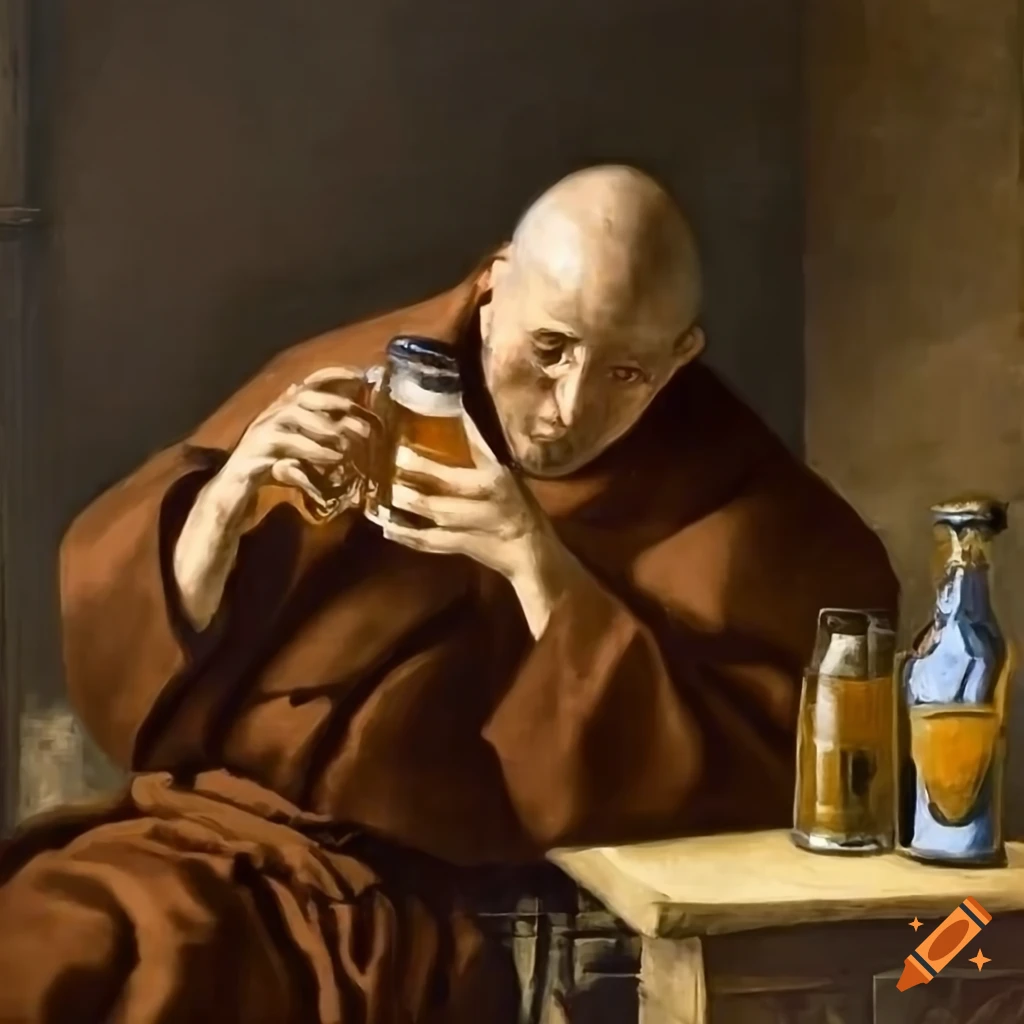 Artistic depiction of a monk drinking beer in an old monastery on Craiyon