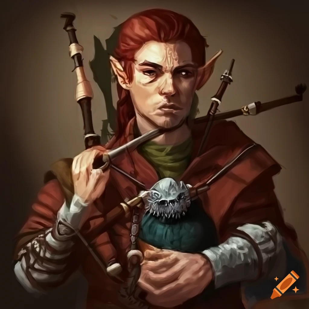 Half Elf Bard playing bagpipes on Craiyon