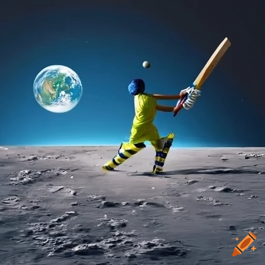 Cricket game on the moon with earth in the background on Craiyon