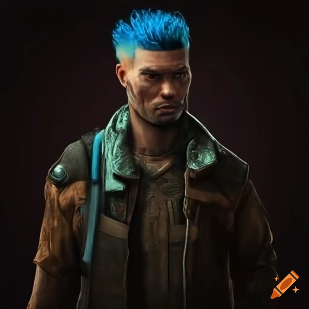 Cyberpunk nomad with blue short mohawk holding a rifle on Craiyon