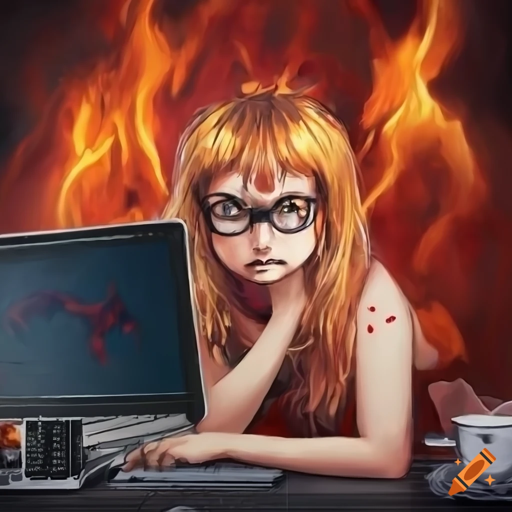 Hyperrealistic art of an angry manga girl surrounded by burning computers on Craiyon