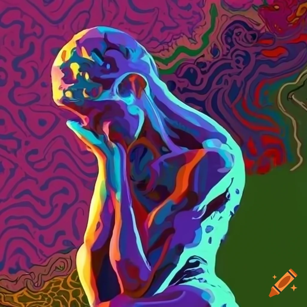 Psychedelic clip art of the thinker on Craiyon