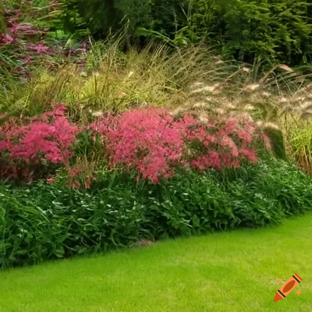 Beautiful garden bed with cranberry, fountain grass and azalea on Craiyon