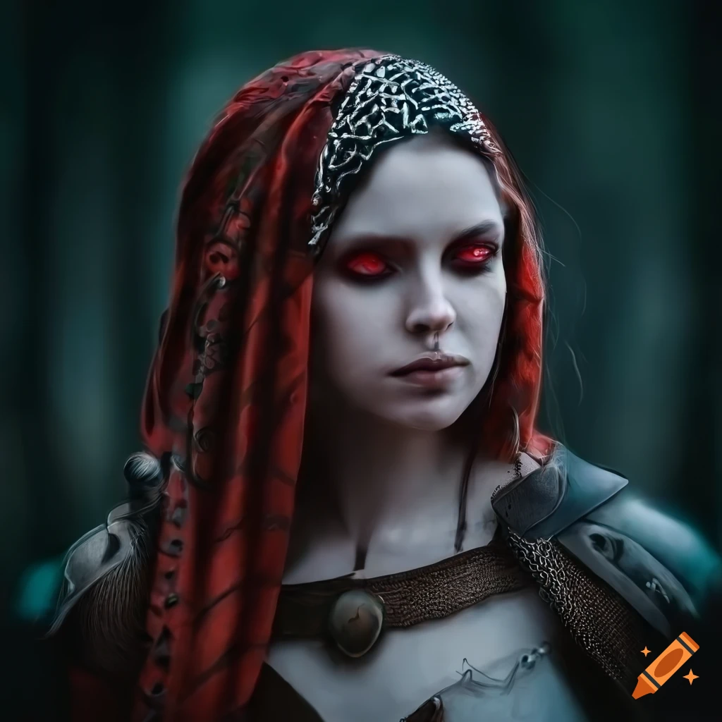 Female pagan warrior in leather armor and shawl in a dark forest on Craiyon