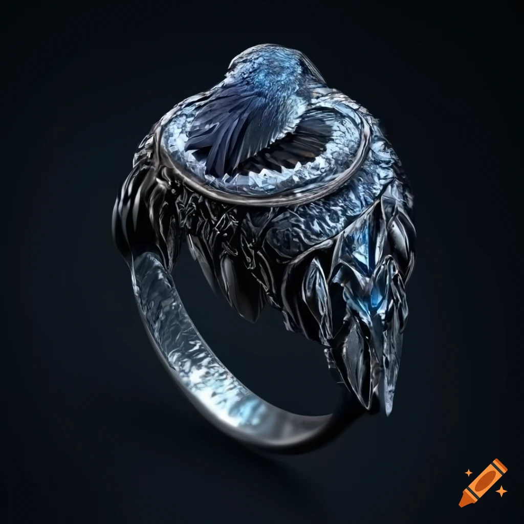 Bronze ring with raven insignia and icy details on Craiyon