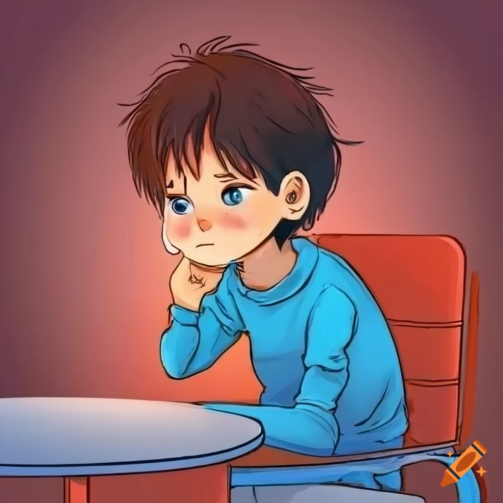 Illustration of a boy sitting alone in cafeteria on Craiyon