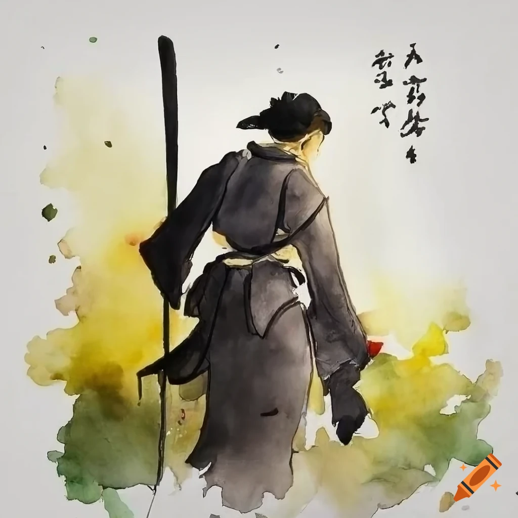 Watercolor artwork of a ronin in a japanese zen garden on Craiyon