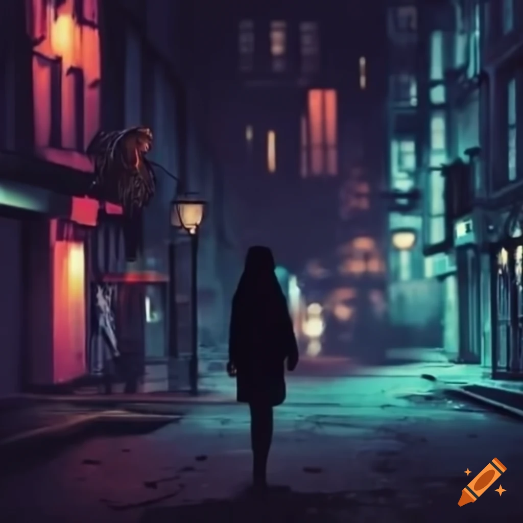 Epic night scene with a person walking through the streets on Craiyon
