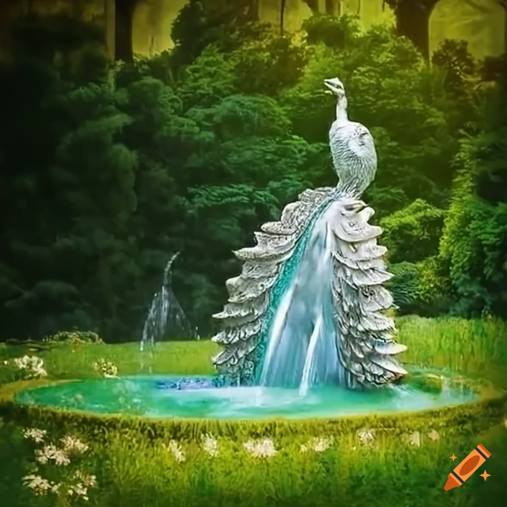 Silver peacock statue in a garden on Craiyon
