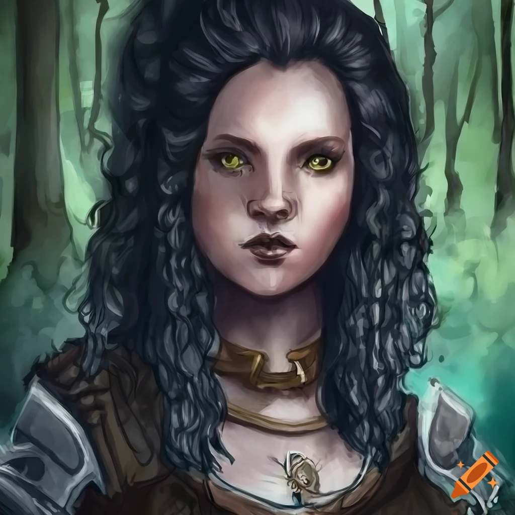 Portrait of a black-haired dwarf woman in a forest on Craiyon