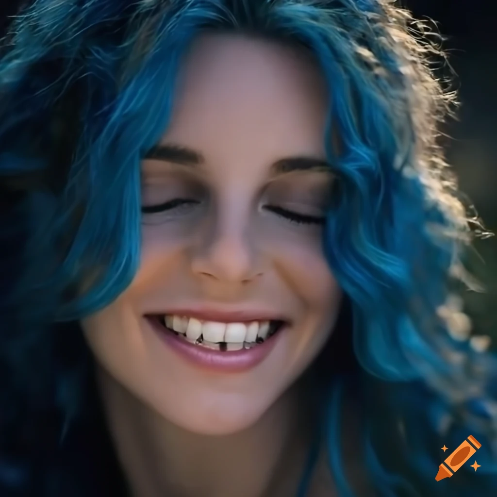 Close Up Of A Beautiful Young Woman With Blue Curly Hair And A