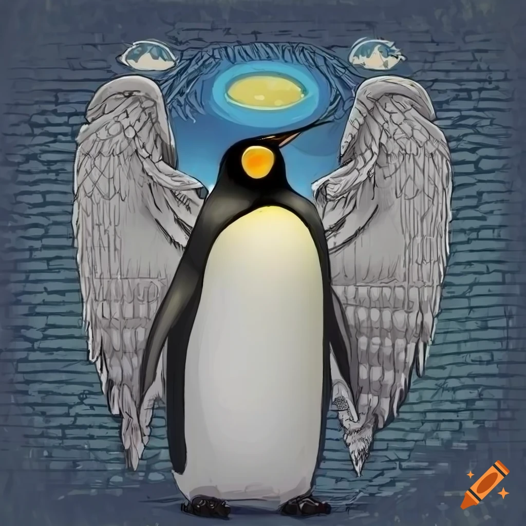 Comic book style emperor penguin with angel wings and halo on Craiyon