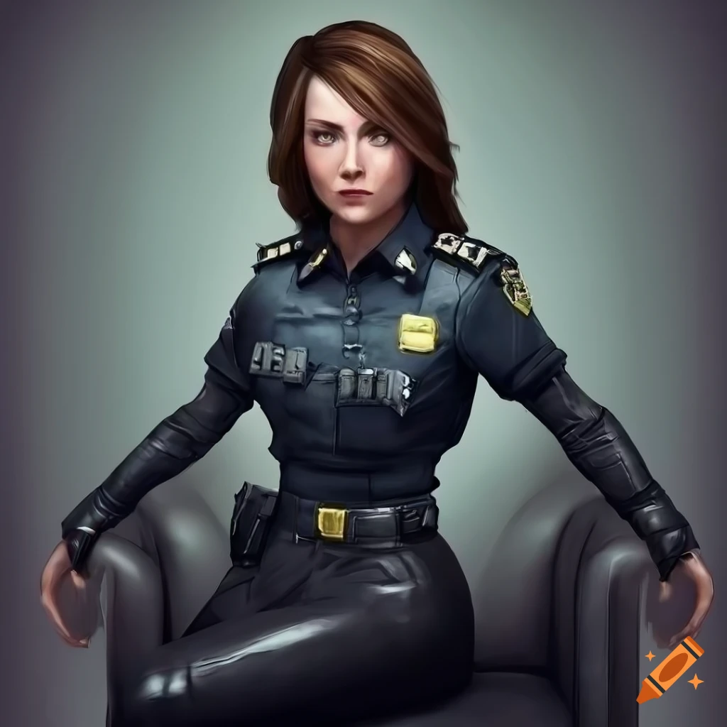 Hyperrealistic portrait of a relaxed police officer sitting on a sofa ...