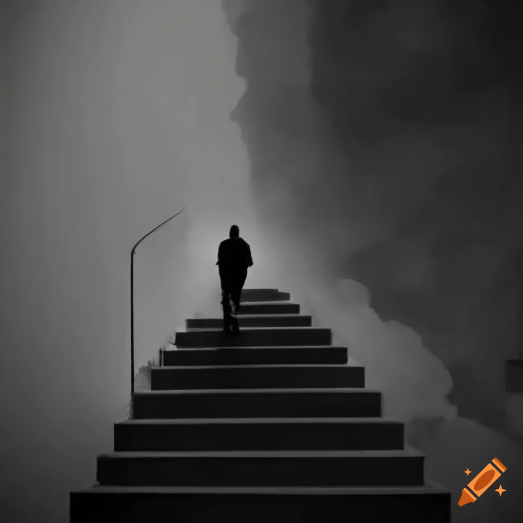 Artwork of a man climbing infinite stairs in a confetti fog on Craiyon