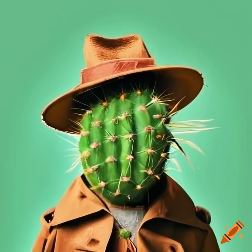 Illustration of a cactus with a face and wearing a trench coat and hat ...
