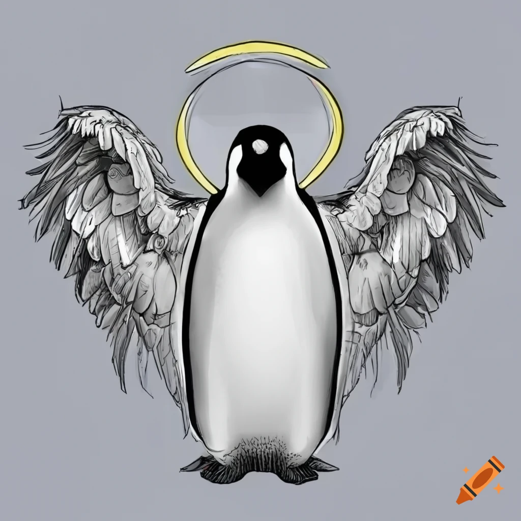 Comic book style emperor penguin with angel wings and halo on Craiyon