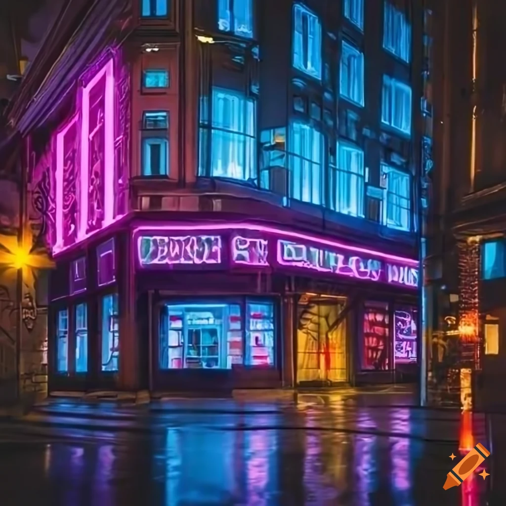 Neon light sign of a bookstore in the rain on Craiyon