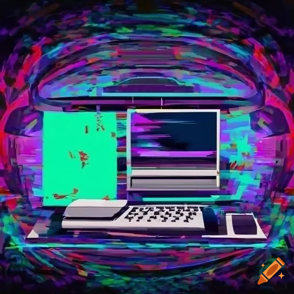 Glitching computer in a chaotic scene on Craiyon