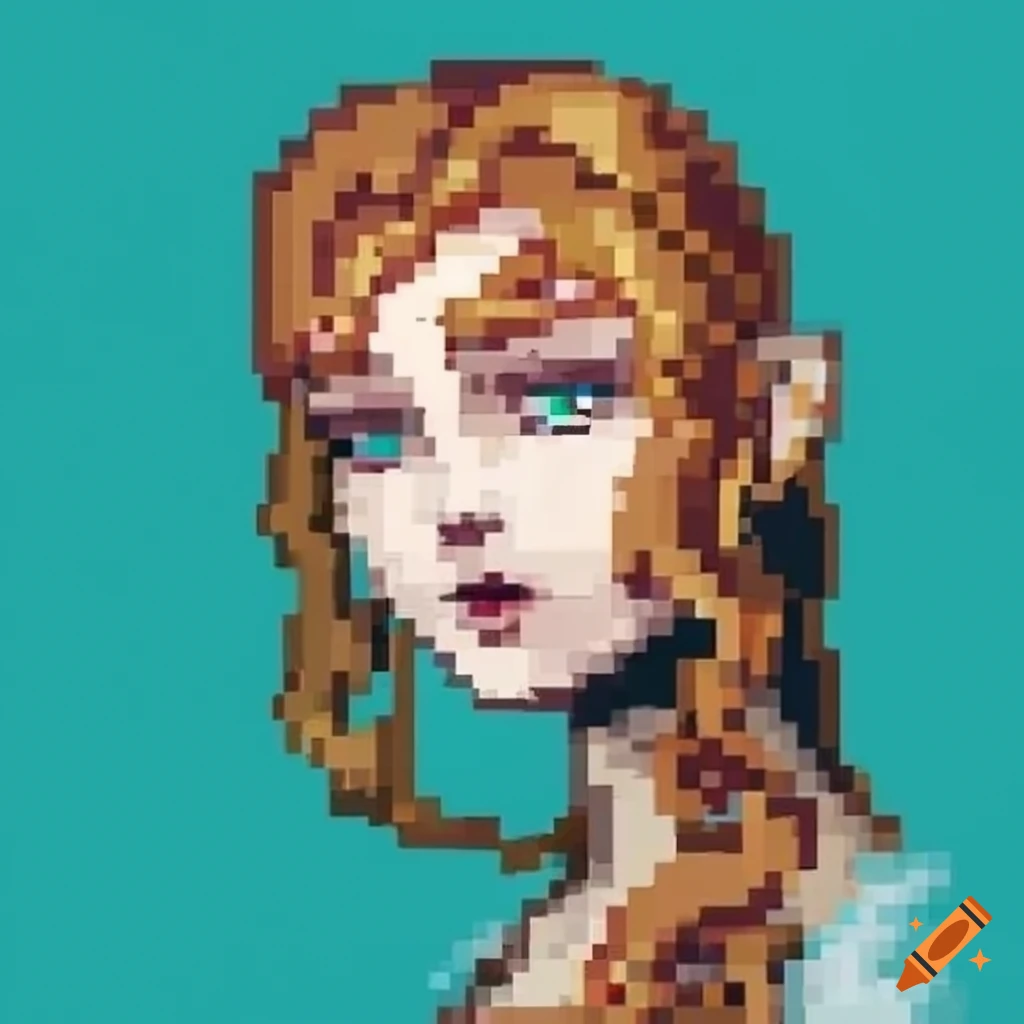 Pixel art of Elise, a tall and elegant woman in a sea-blue dress on Craiyon